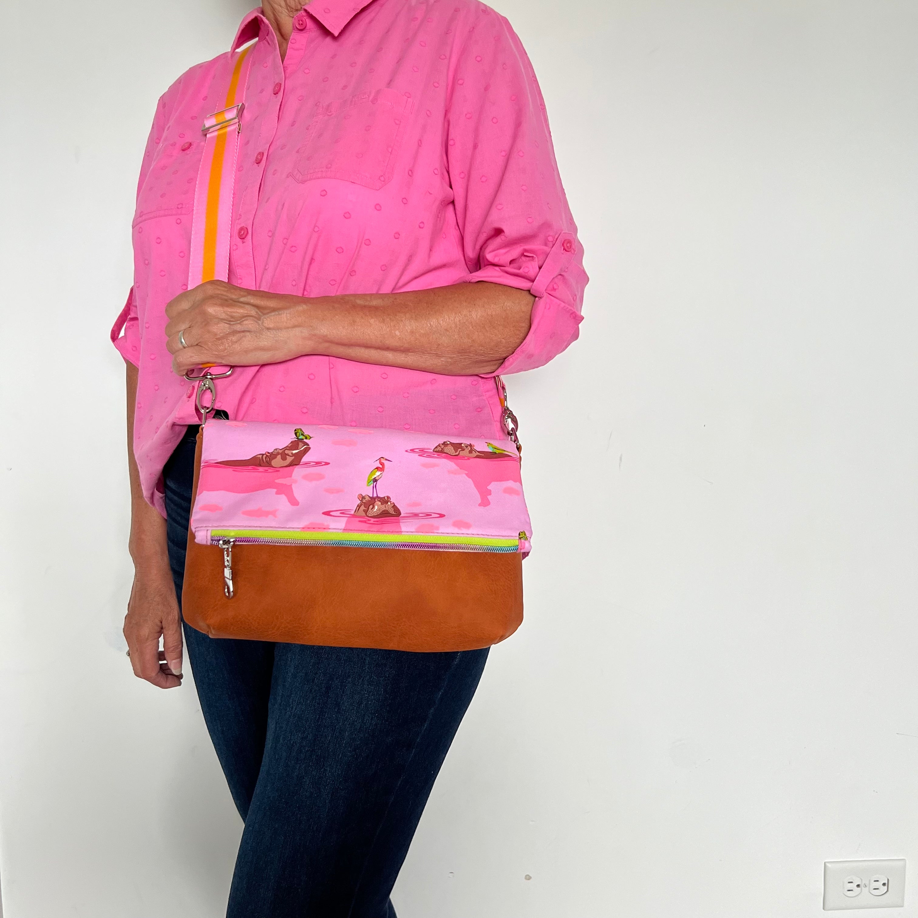 Pretty in Pink Hippos canvas and Brown Vinyl Fiona Foldover – Linds ...